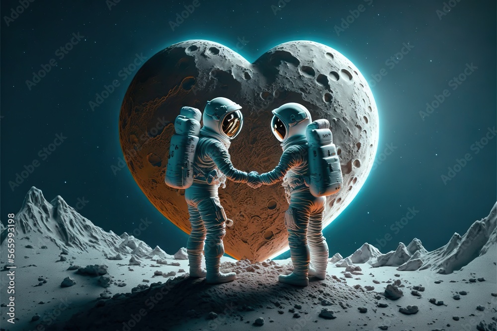 two astronauts shaking hands in front of a heart shaped object on the ...