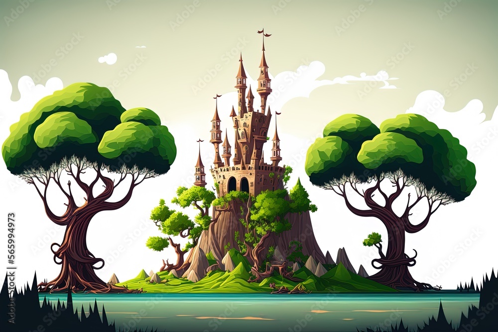 towering, fantastical keep on the island. illustration of a child ...
