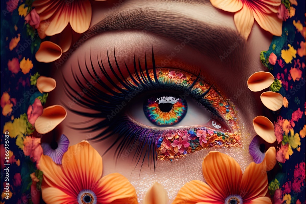 a close up of a woman's eye with flowers around her and a flowery ...