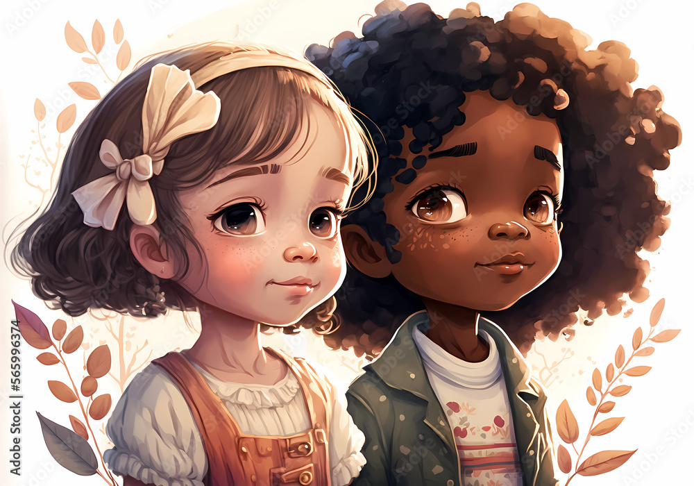 Portrait of two cute little cartoon girls. Digital illustration. Stock ...