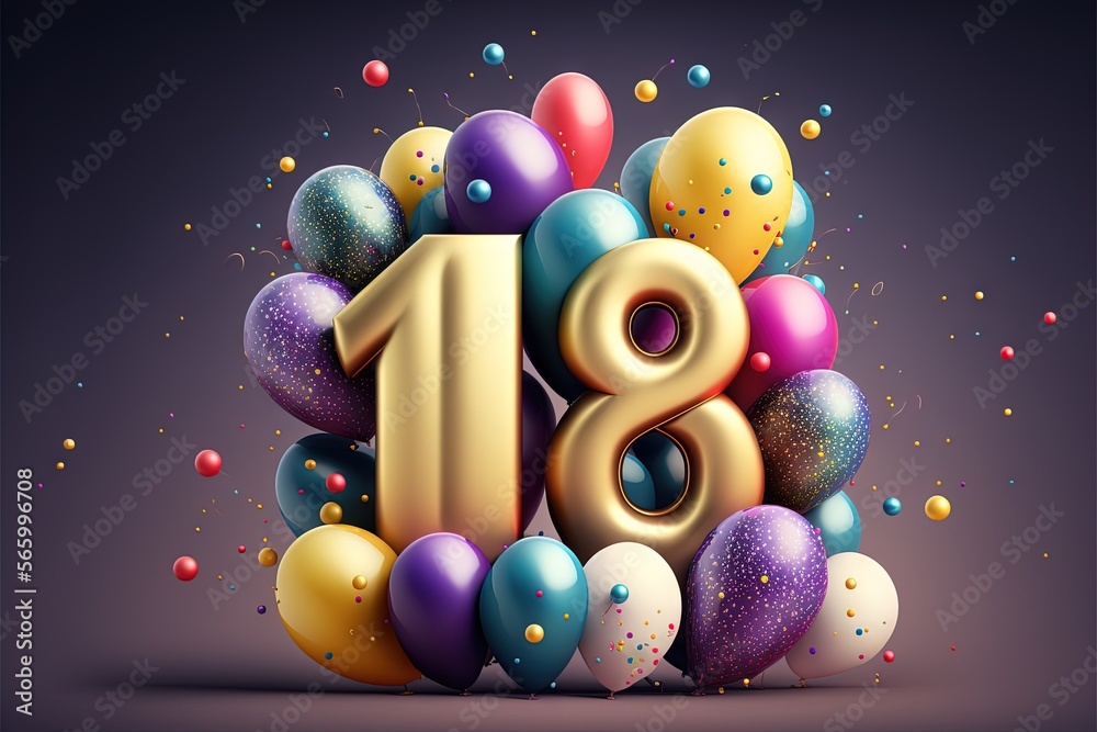 the number eighteen is surrounded by balloons and confetti on a purple ...