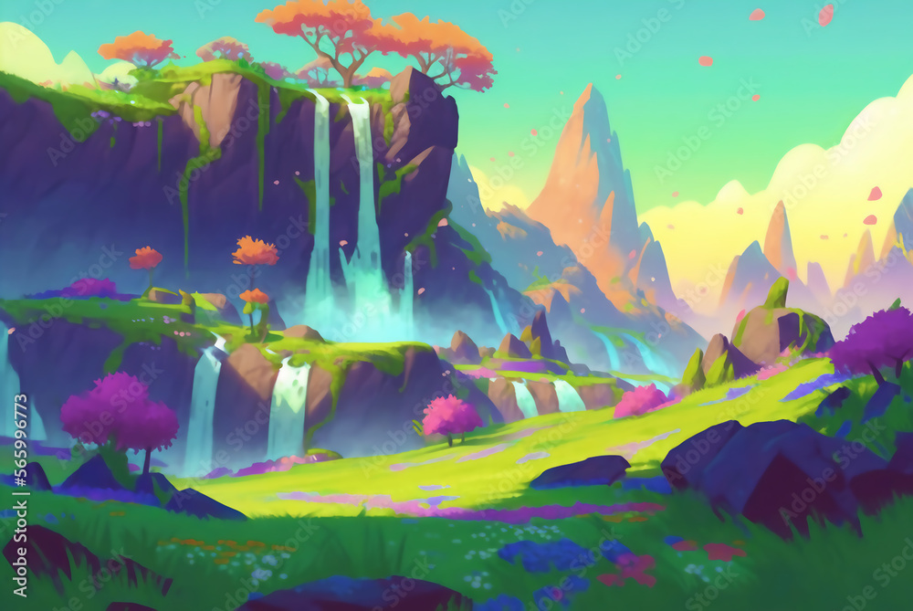 Fantasy Landscape with majestic trees, rocky cliffs, and waterfalls in ...