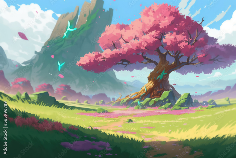 Fantasy Landscape with majestic trees, rocky cliffs, and waterfalls in ...