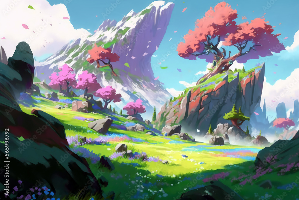 Poster, Foto Fantasy Landscape with majestic trees, rocky cliffs, and ...