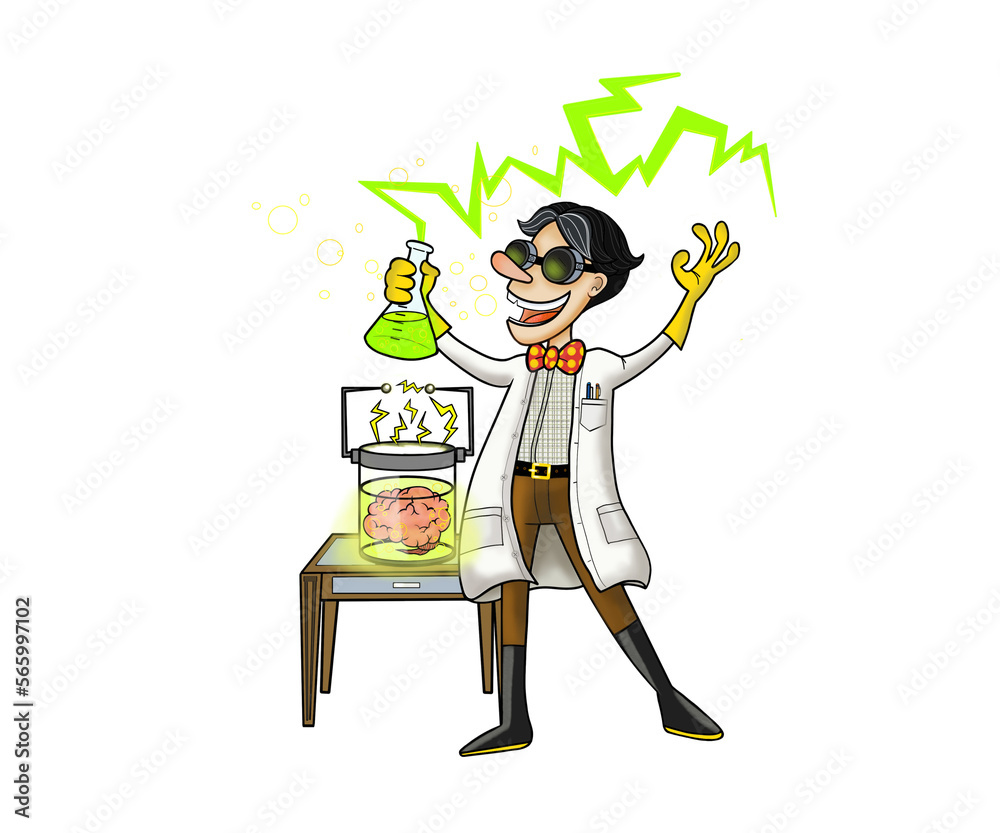 Comic style drawing of a mad scientist with a brain. Stock Illustration ...