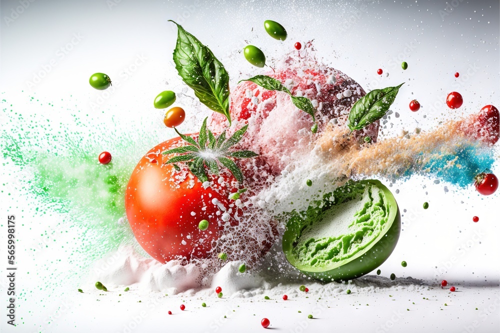 a group of fruits and vegetables are mixed with colored powder and ...