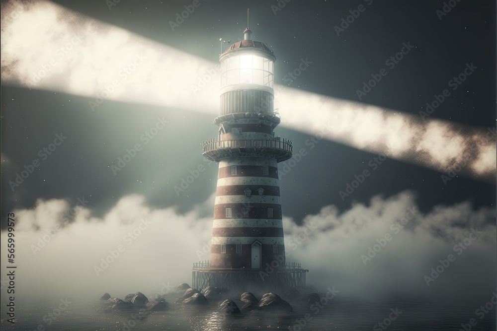 a lighthouse in the middle of the ocean with a beam of light coming out ...