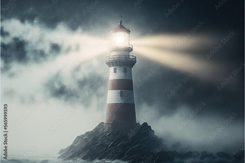 a lighthouse with a light on top of it in the middle of a body of water ...