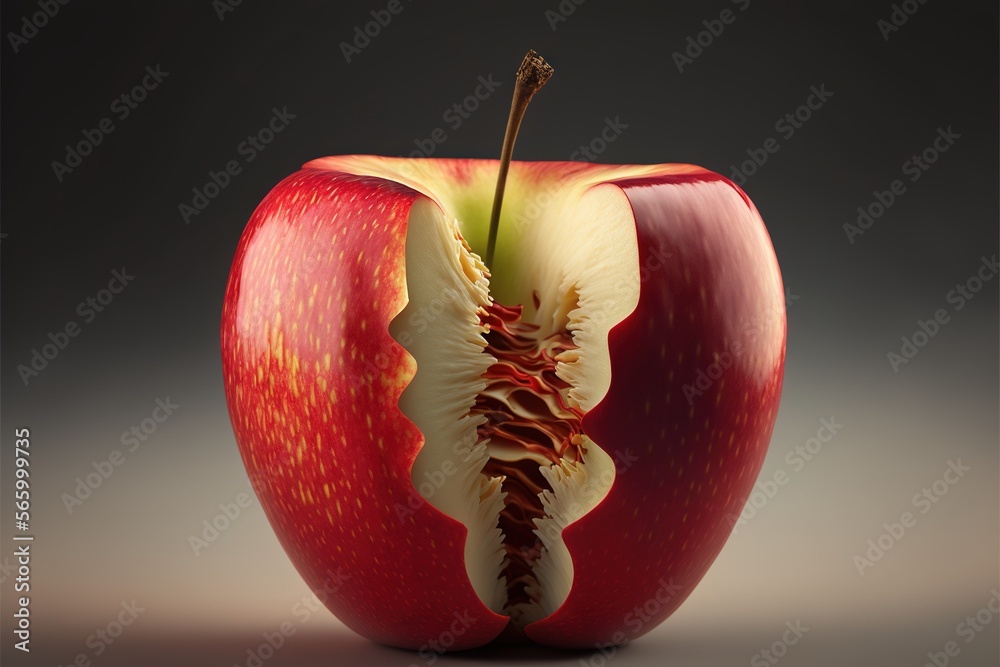 a red apple with a bite taken out of it's core and a bite taken out of ...