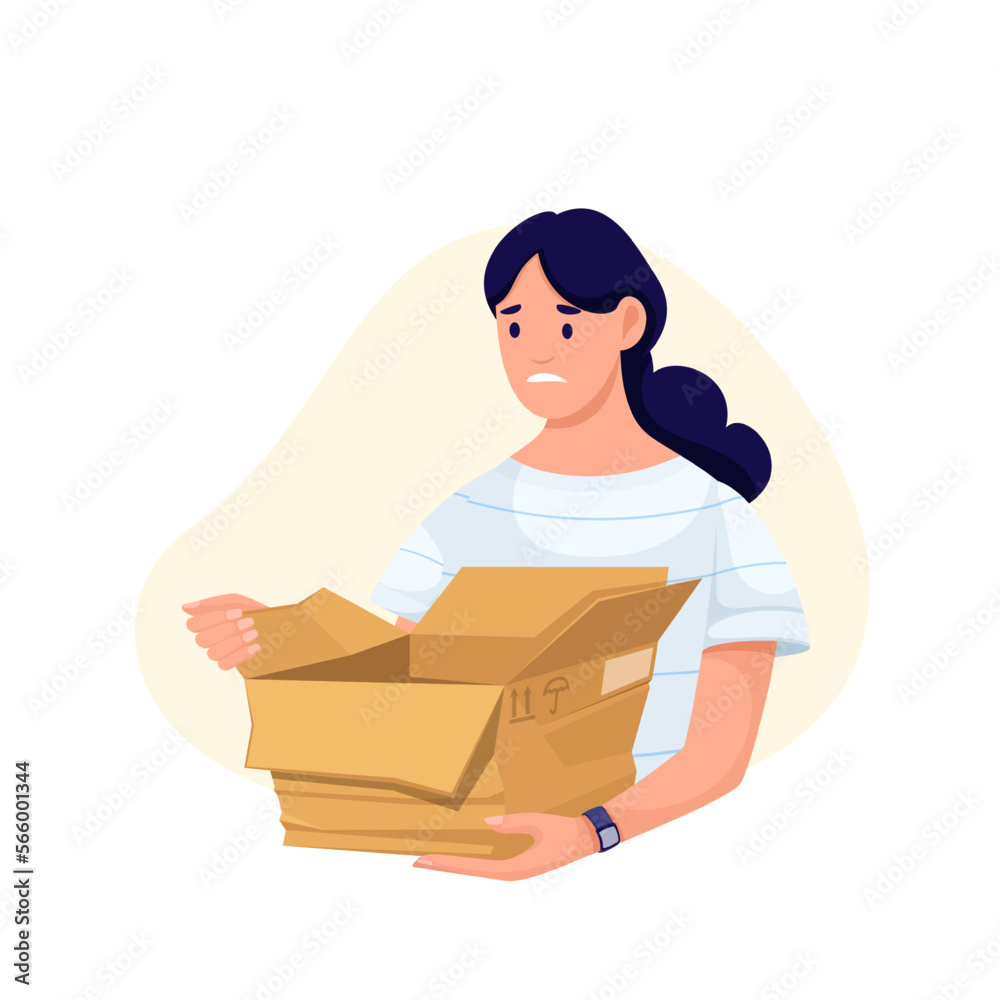 Angry customer holding broken empty cardboard box vector illustration ...