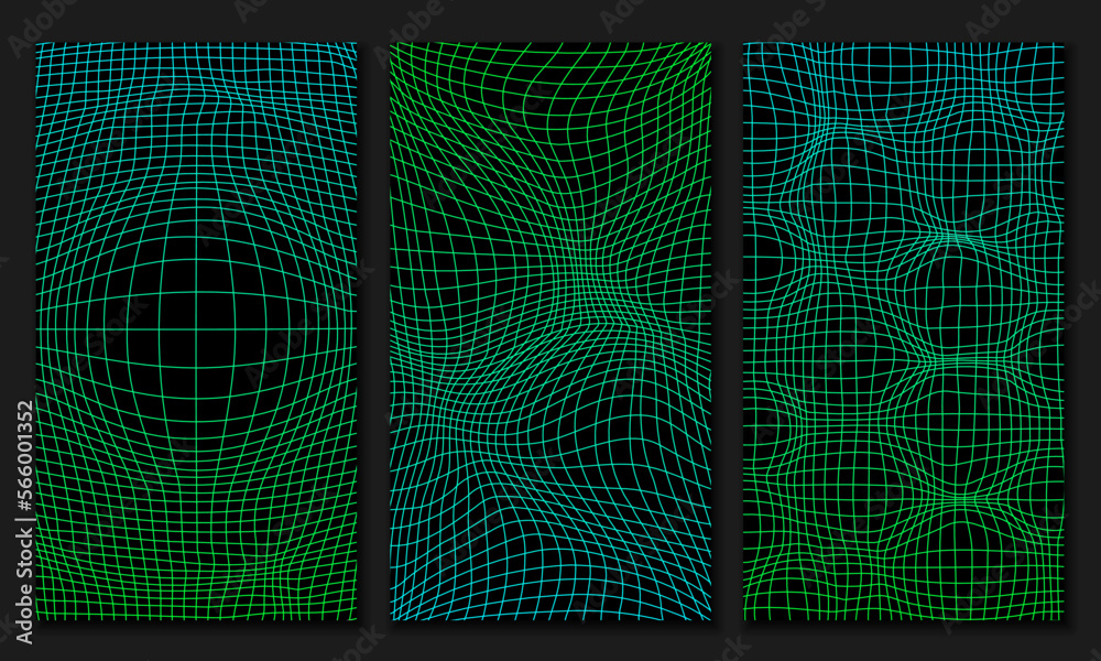 Set of Gradient distorted grid pattern. Vector illustration. Deforn ...