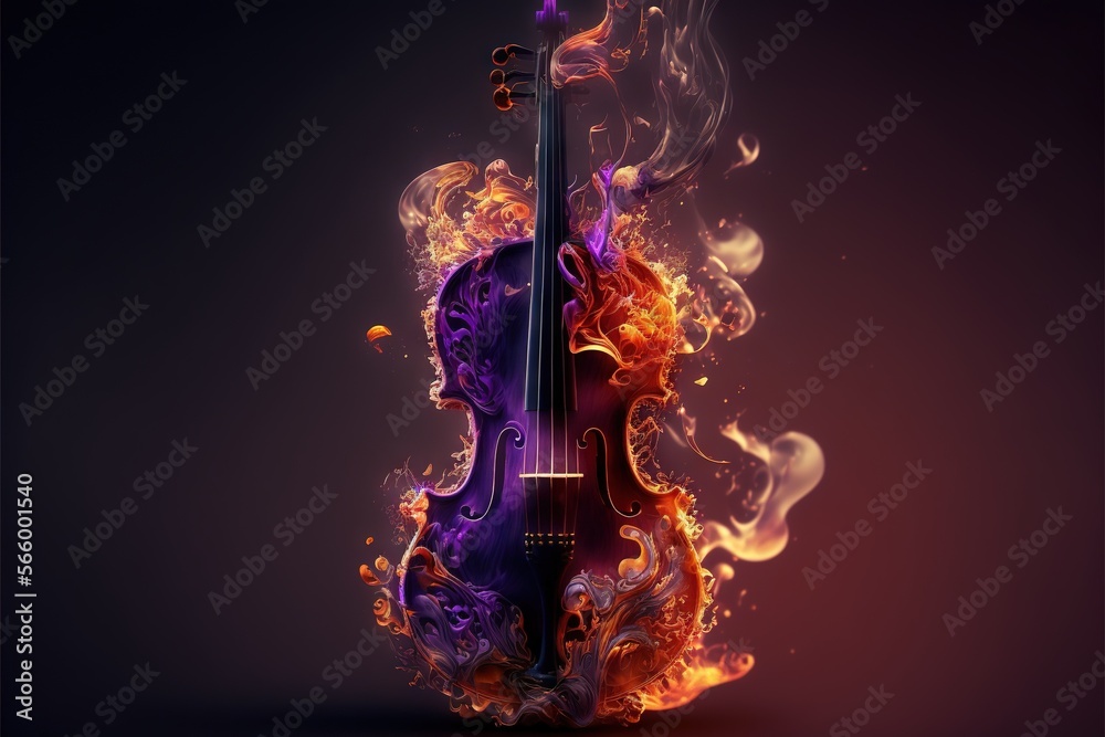 a violin with a lot of fire and smoke around it on a black background ...