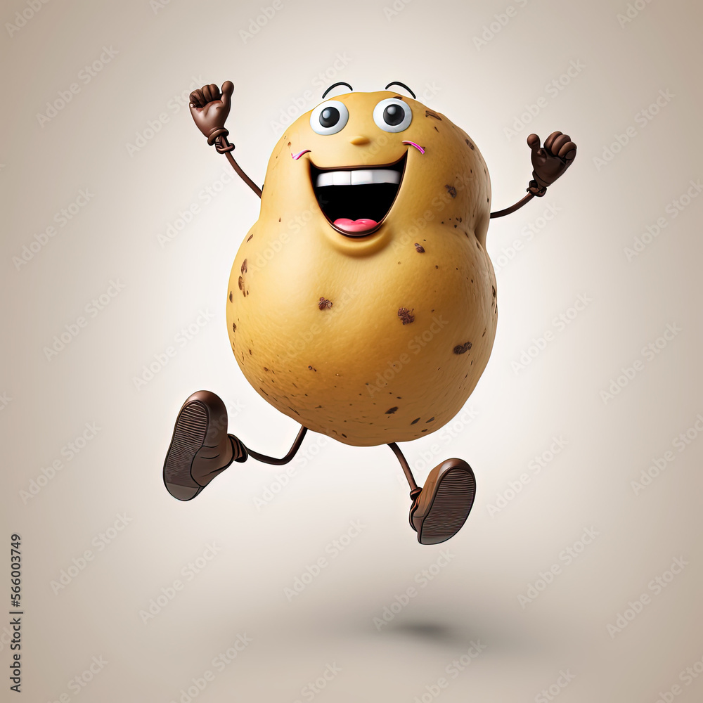 Cute happy potato character, jumping with a big smile, on plain ...