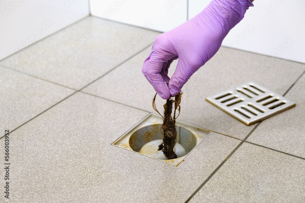 Water drain hole is clogged with hair clump. Woman hand in gloves is ...