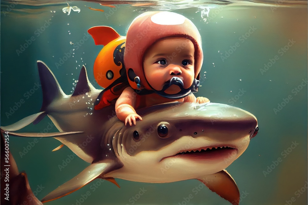 Baby riding on a baby shark Stock Illustration | Adobe Stock