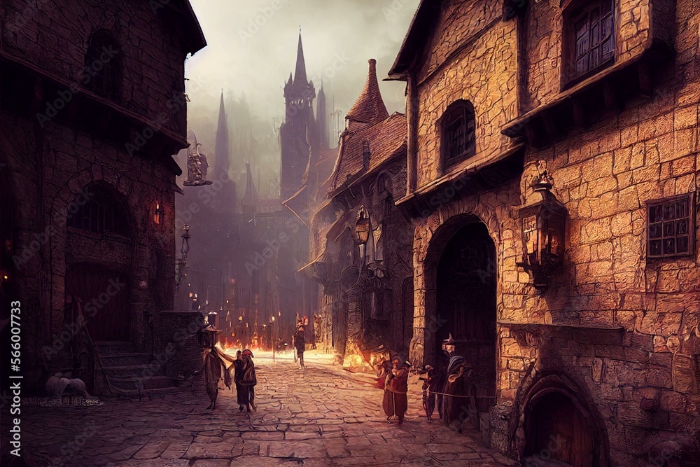 Fantasy fable medieval city street with medieval buildings, Digital art ...