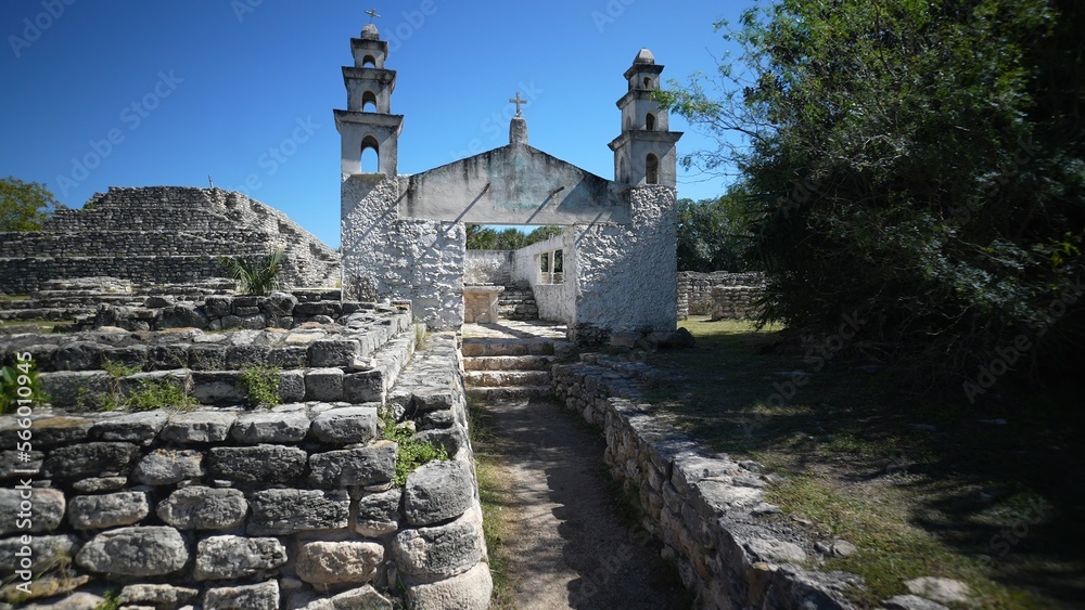 View of historic catholic church showing the original Mayan ruins ...