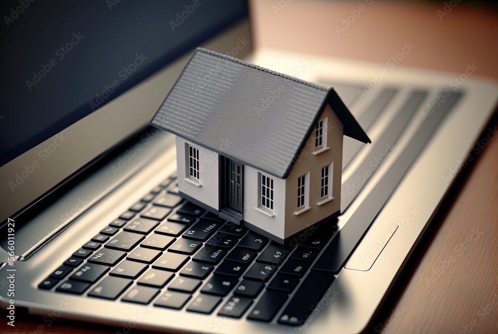 toy house figure on laptop keyboard, idea for online property search ...
