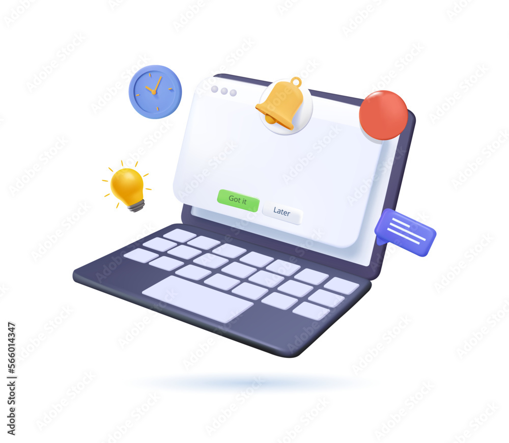 3D reminder SAAS app interface on white background. Notifications page ...