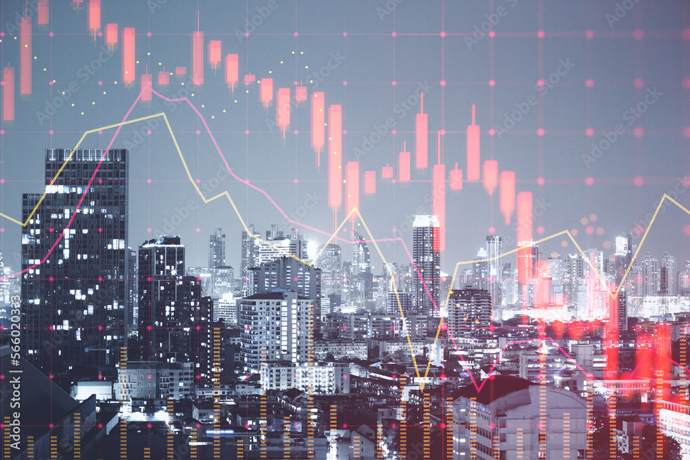 Falling red forex hologram on blurry city background. Stock crisis ...