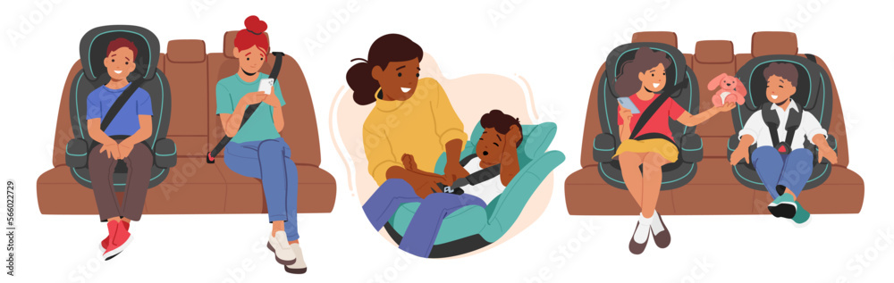 Vetor de Set Children Sit In Car Seat. Happy Boy And Girl Characters ...