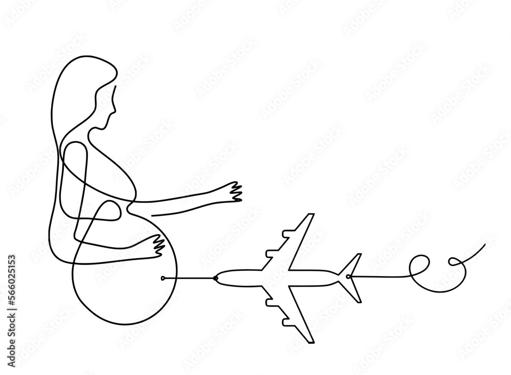 Mother silhouette body with plane as line drawing picture on white ...