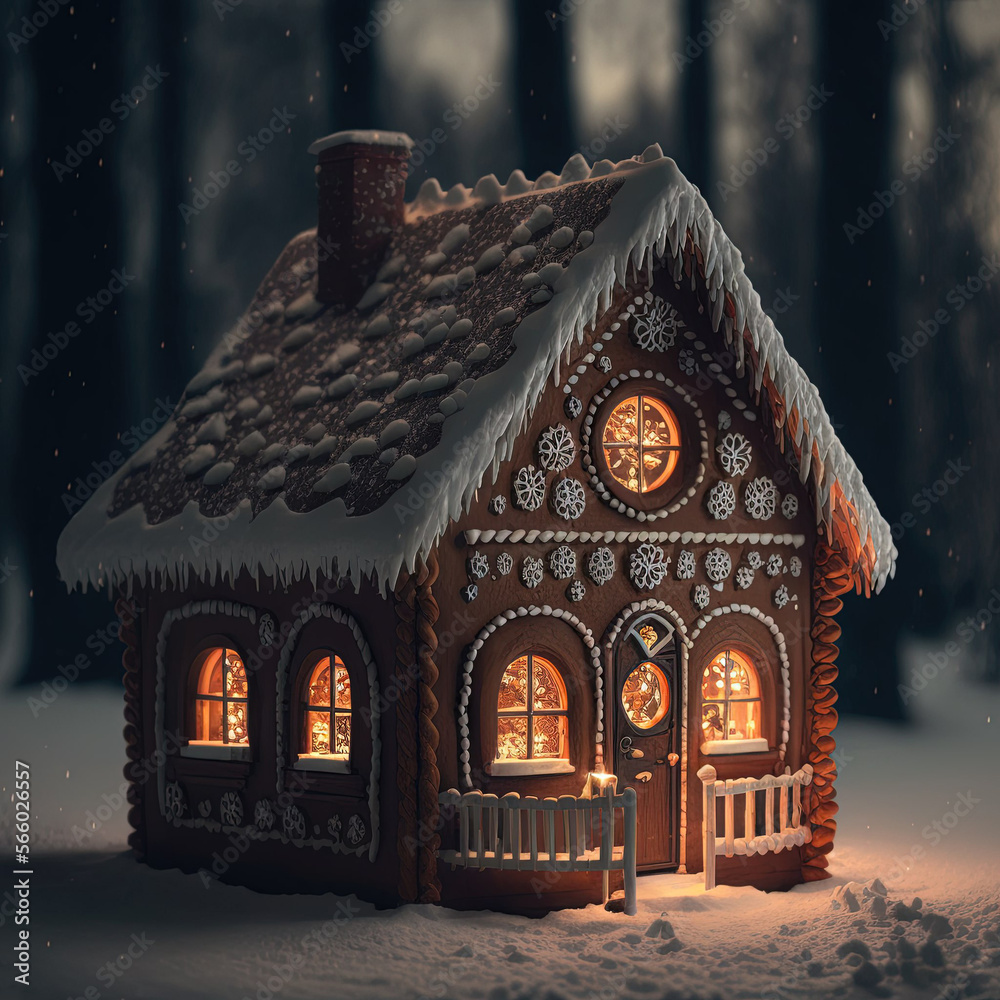 gingerbread house with light in windows in dark snowy forest created ...