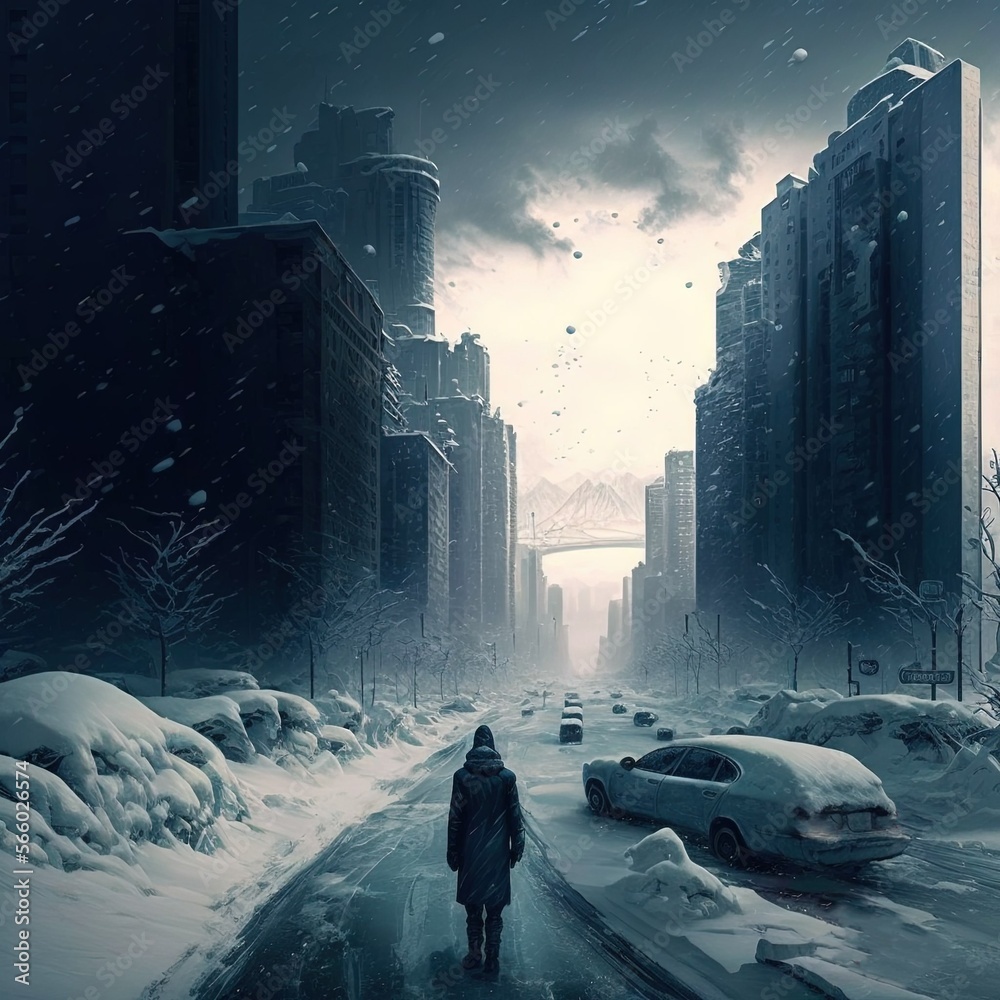 A city frozen in ice, an apocalyptic view created with Generative AI ...