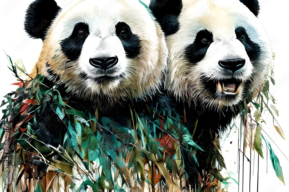 Pandas in a burned-down forest, destroyed, sad animals. AI Stock ...