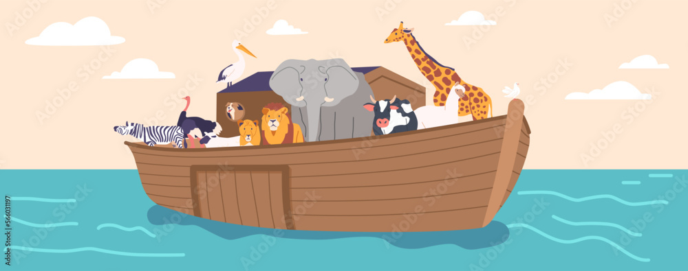 Animals on Noah Ark. God Salvation of Life on Earth. Domestic and Wild ...
