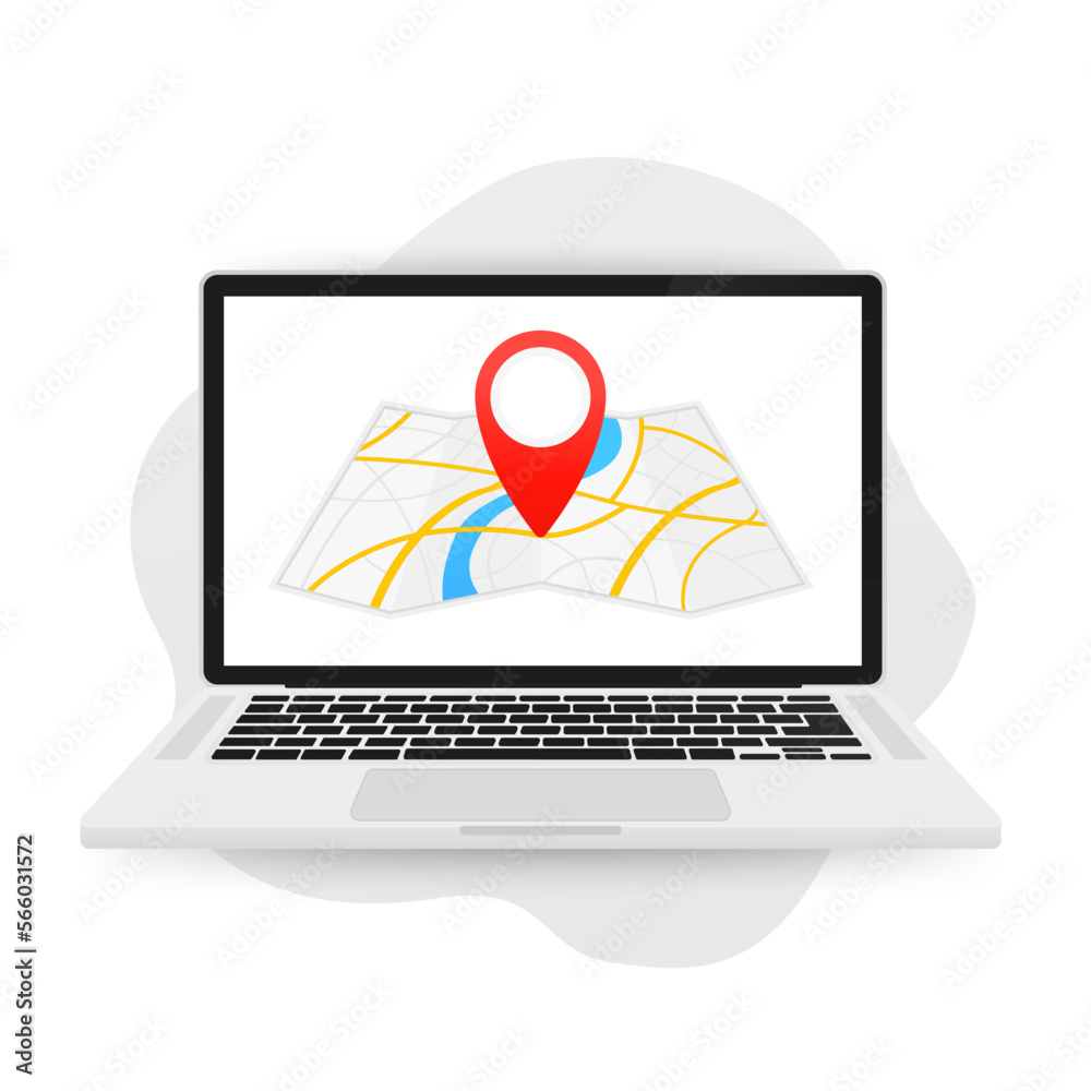 Map with a pin on laptop. Red direction indicator on a folded city map ...