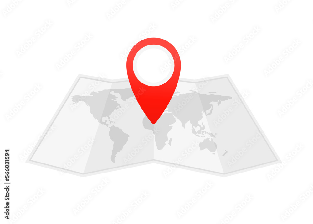 Map with a pin. Red direction indicator on a folded city map, gps ... Map with a pin. Red direction indicator on a folded city map, gps ...
