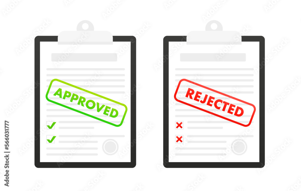 Approved and rejected application. Clipboard with document, red ...