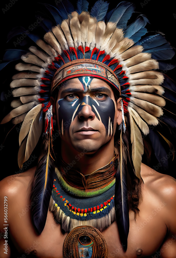 Illustration Portrait Of A Handsome Native American Warrior Chief In Illustration Portrait Of A Handsome Native American Warrior Chief In