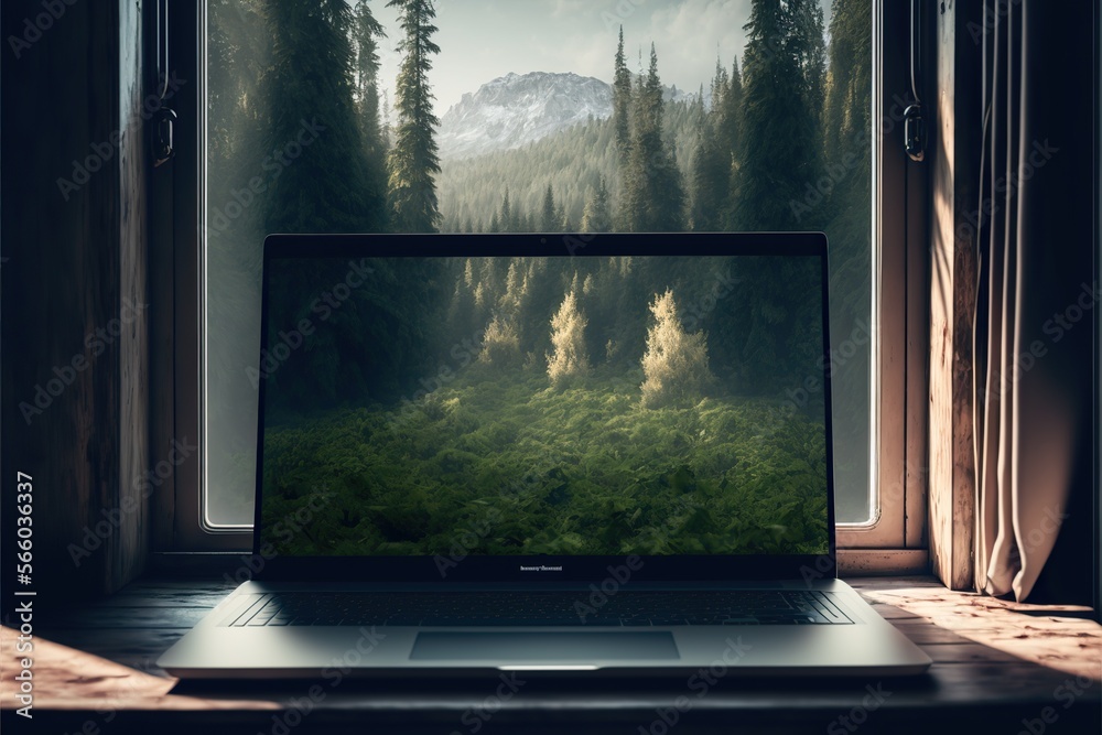 Laptop in front of a window with a view of a forest, concept of remote ...
