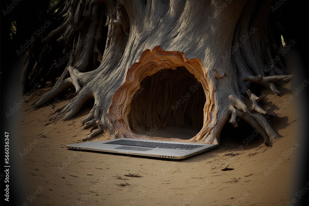 Laptop inside a hollow in a tree, concept of Organic Technology and ...