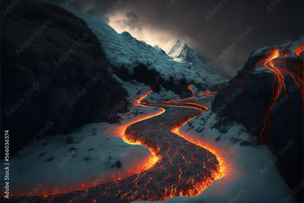Lava river in glacier, concept of Volcanic Eruption and Glacial ...