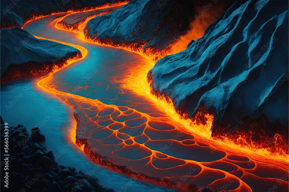 Lava river in glacier, concept of Volcanic Eruption and Glacial ...