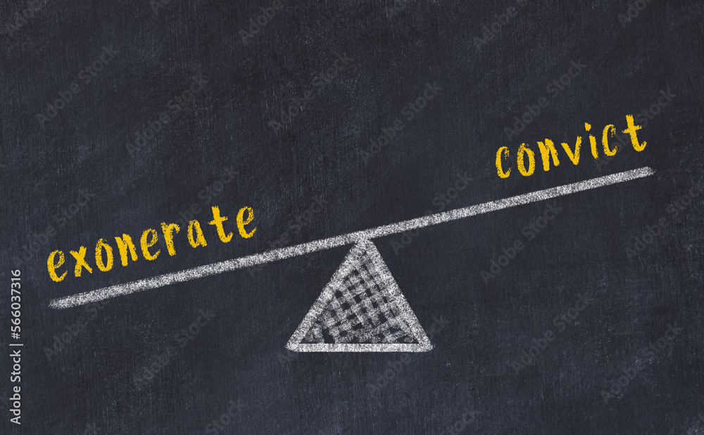 Chalk drawing of scales with words exonerate and convict. Concept of ...