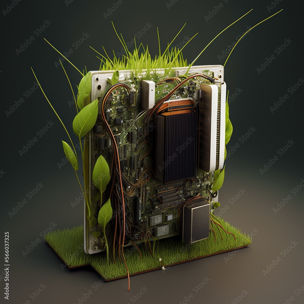 Motherboard with grass growing through it, concept of green computing ...