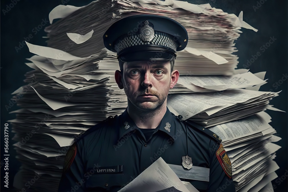 Police office in front of pile of paper, concept of Uniformed Law ...