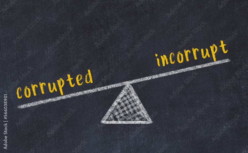 Chalk drawing of scales with words corrupted and incorrupt. Concept of ...