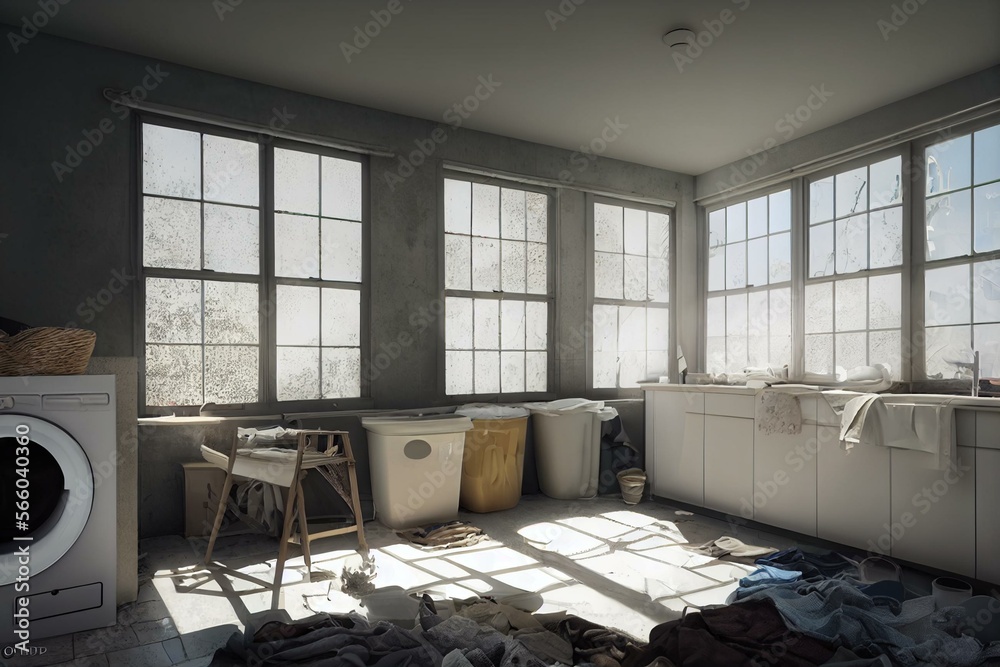 Messy laundry room with washing machine, baskets and piles of dirty ...