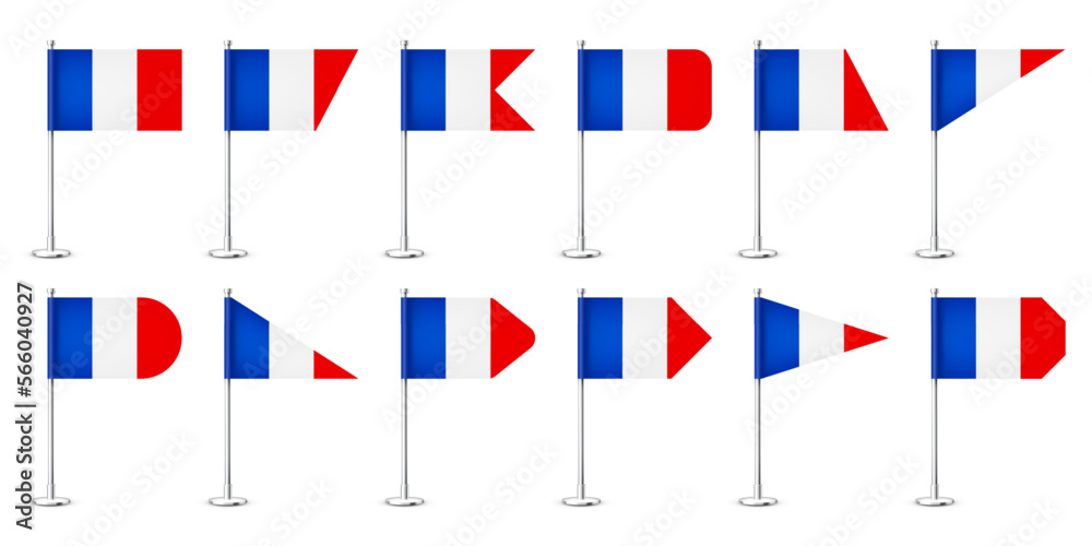 Realistic various French table flags on a chrome steel pole. Souvenir ...