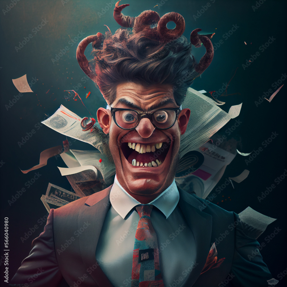 Angry businessman caricature portrait, mad boss business man or ...