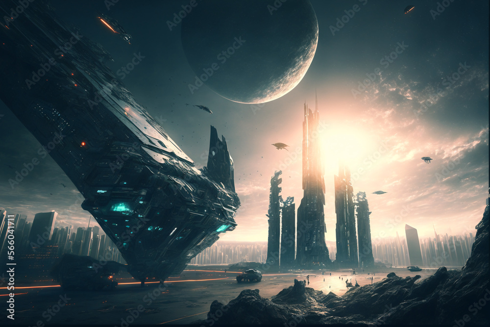 City in the future, Sunset in a future city, futuristic skyscraper ...