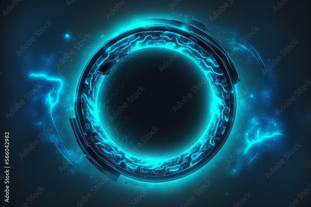 Fantastic modern futuristic neon blue circle, portal in smoke. Stage ...