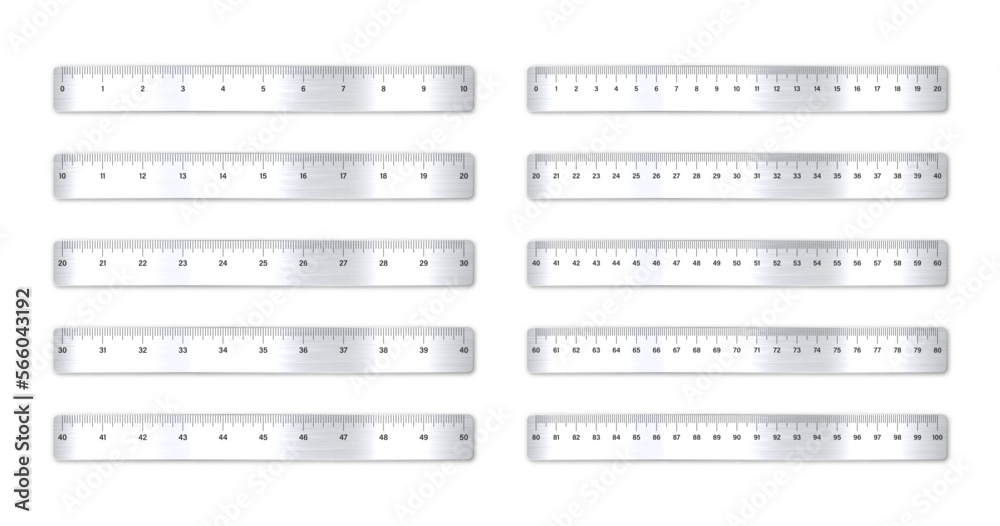 Realistic various brushed metal rulers with measurement scale and ...