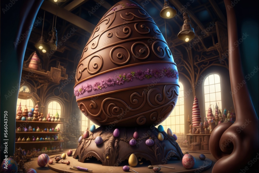 Chocolate factory in fantasy world, giant easter egg factory, digital ...