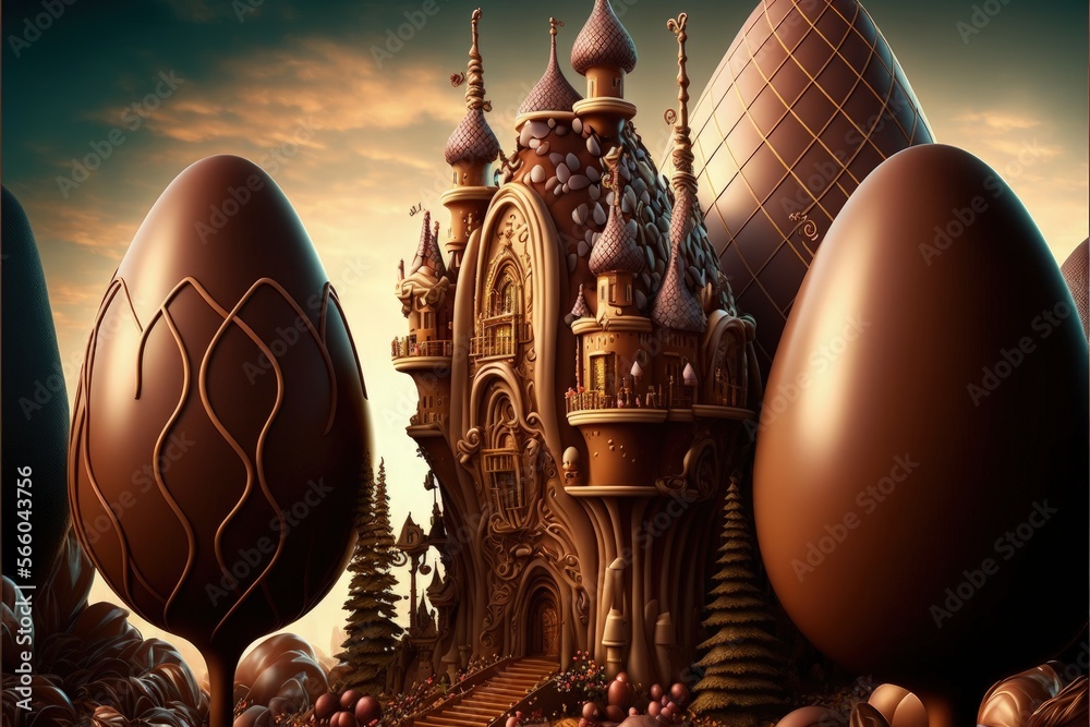 Chocolate factory in fantasy world, giant easter egg factory, digital ...